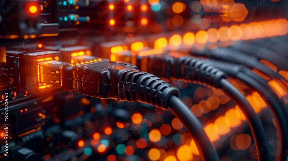 Communication cables connected to a switch, data center concept. Wires ...