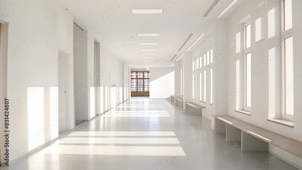 A long hallway with white walls, benches, and windows, A minimalist ...