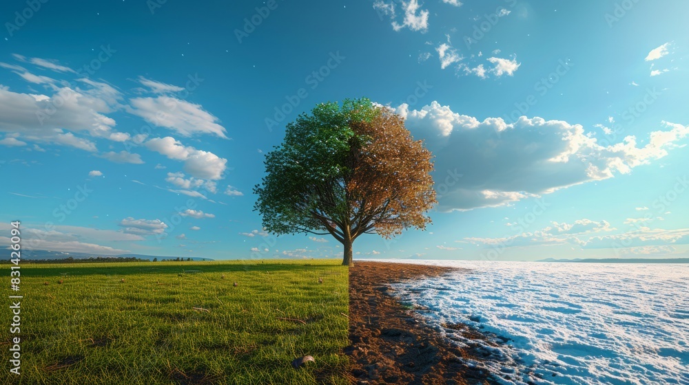 Tree in summer and winter. A tree with half green on green grass and ...