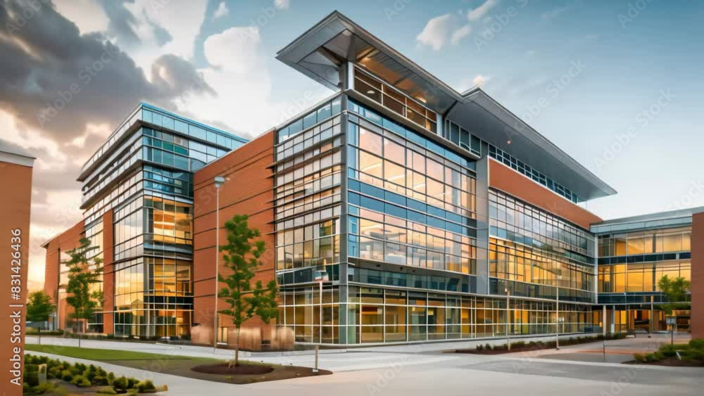 A large, modern school building with a multitude of windows reflecting ...