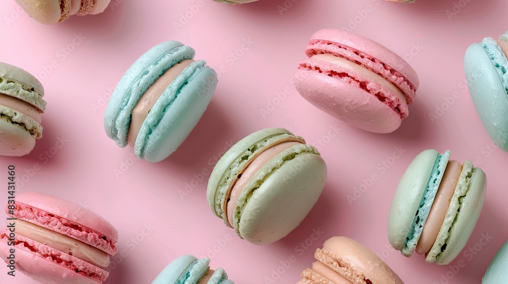 Pastel pink background with blue, green and red macarons in an elegant ...