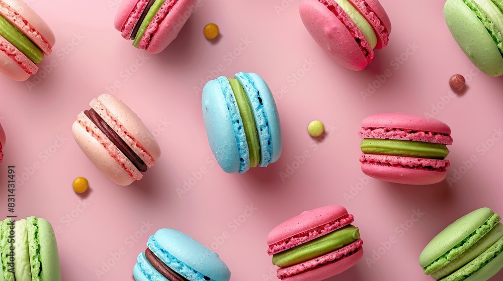Pastel pink background with blue, green and red macarons in an elegant ...