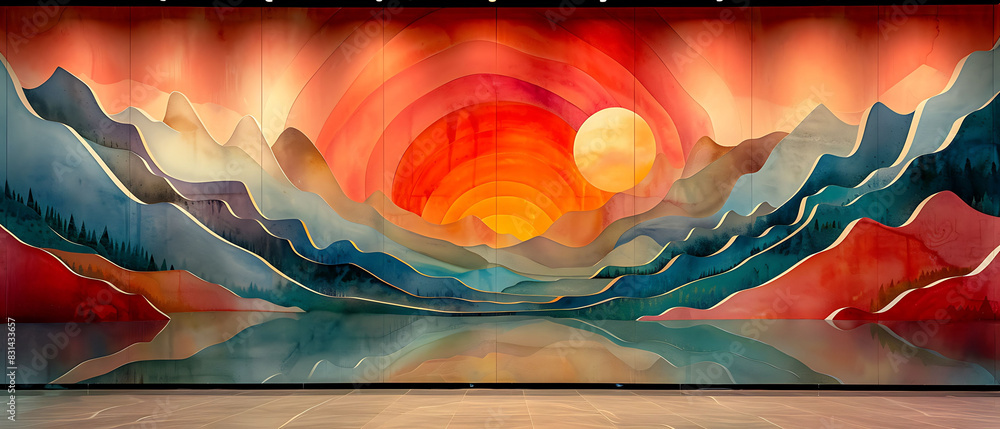 panoramic view of a minimalist mural filled with clean lines and subtle ...