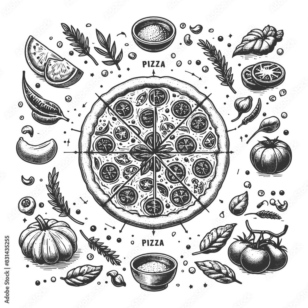 pizza with various ingredients surrounding it, showcasing a classic ...