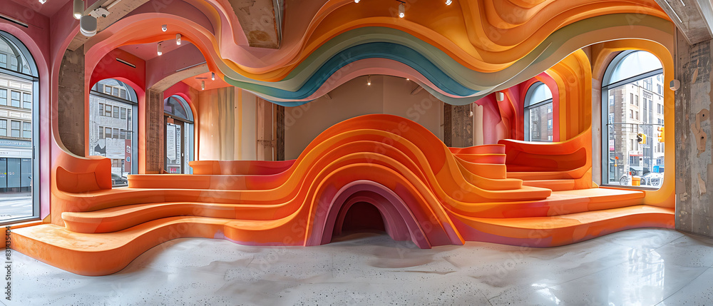 panoramic view of modern art installation with bold expressive colors ...