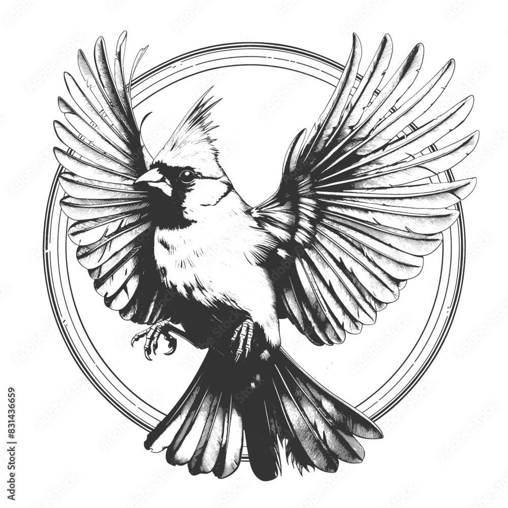flying cardinal bird with wings spread, showcasing intricate line work ...