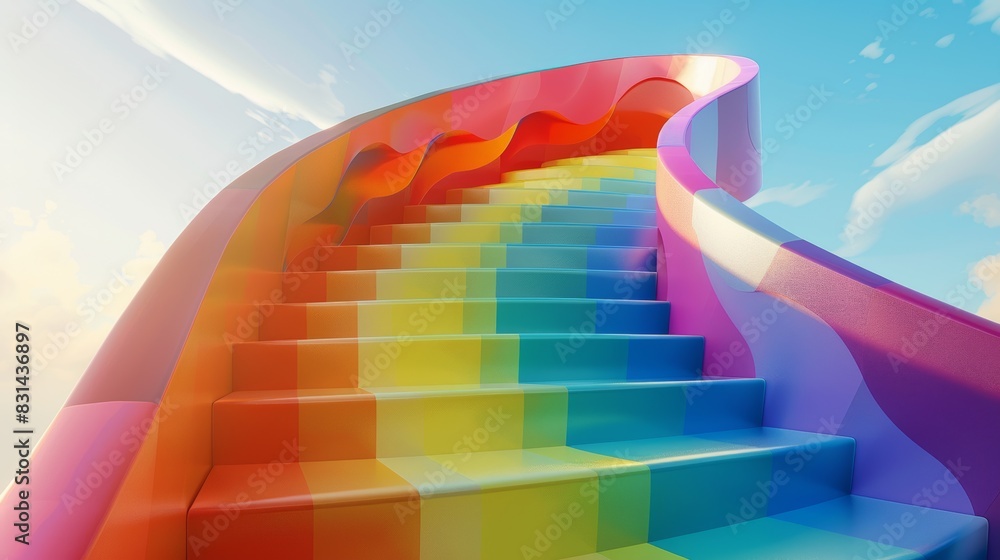 A 3D art wallpaper featuring a vibrant rainbow-colored spiral staircase ...