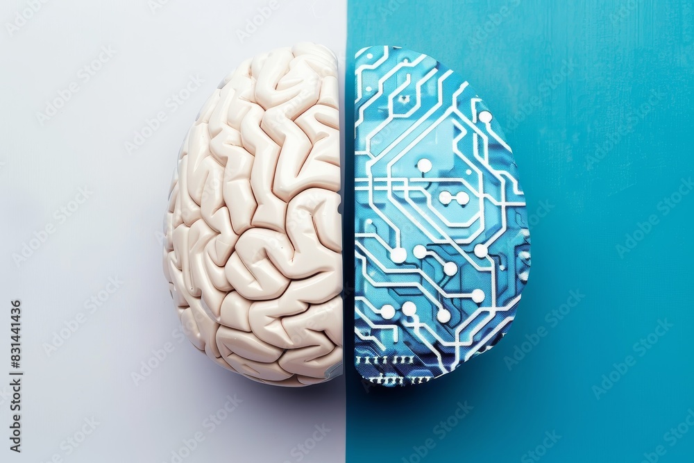 Half human brain and half circuit board, illustrating the convergence of biological and digital ...