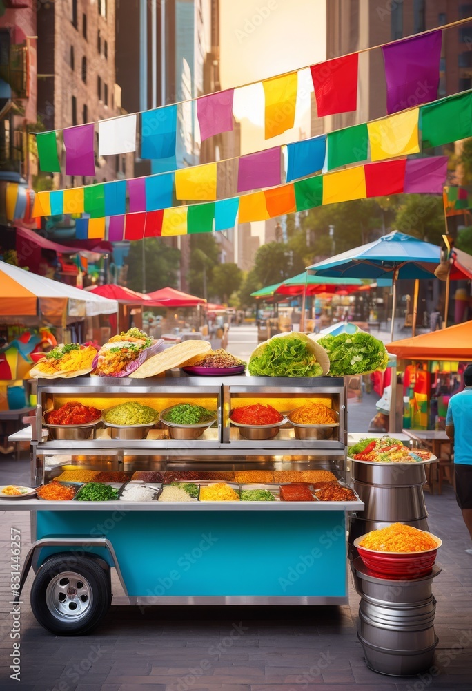 colorful street vendor tacos display various toppings salsas urban ...