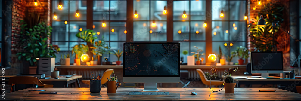 professional office setting with a soft blurry effect showing desks ...