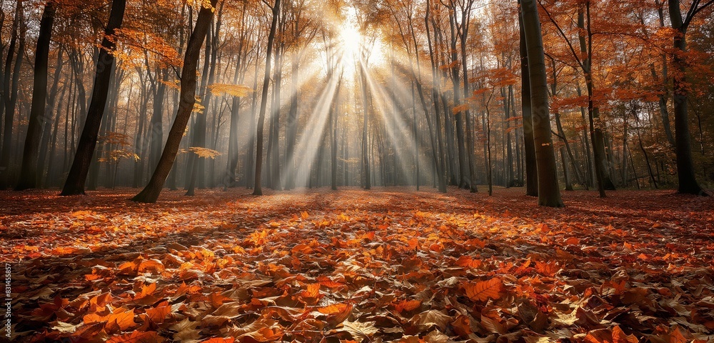 Sunlight streaming through a canopy of autumn leaves, casting dappled ...