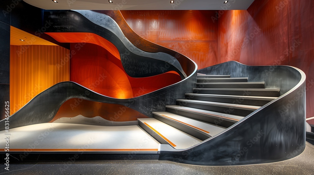 A modern staircase with a bold color scheme and a unique sculptural ...