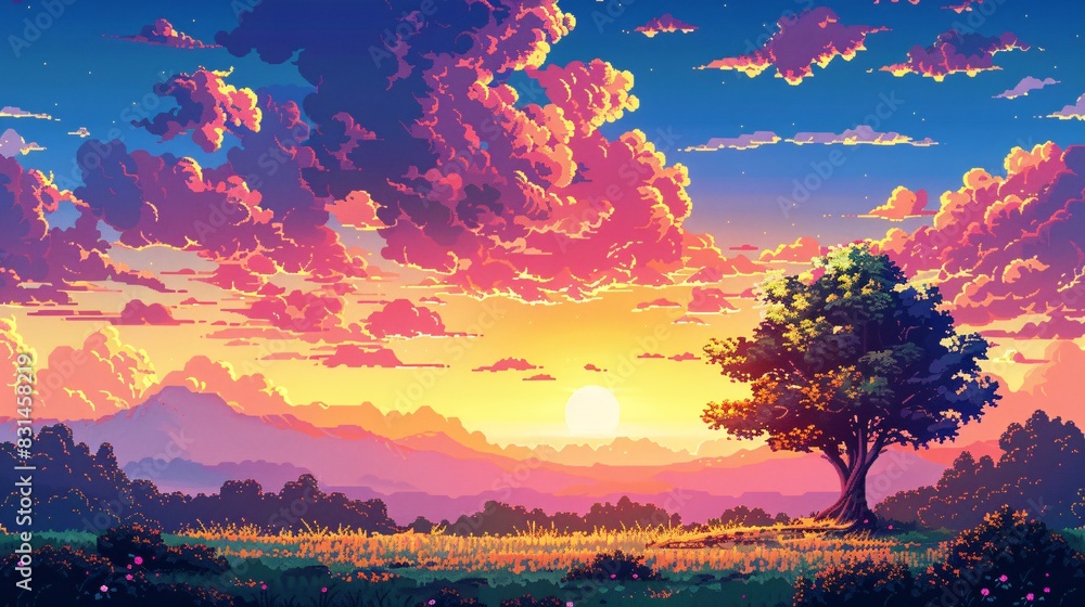Pixel art landscape with vibrant colors and simple shapes, depicting a ...