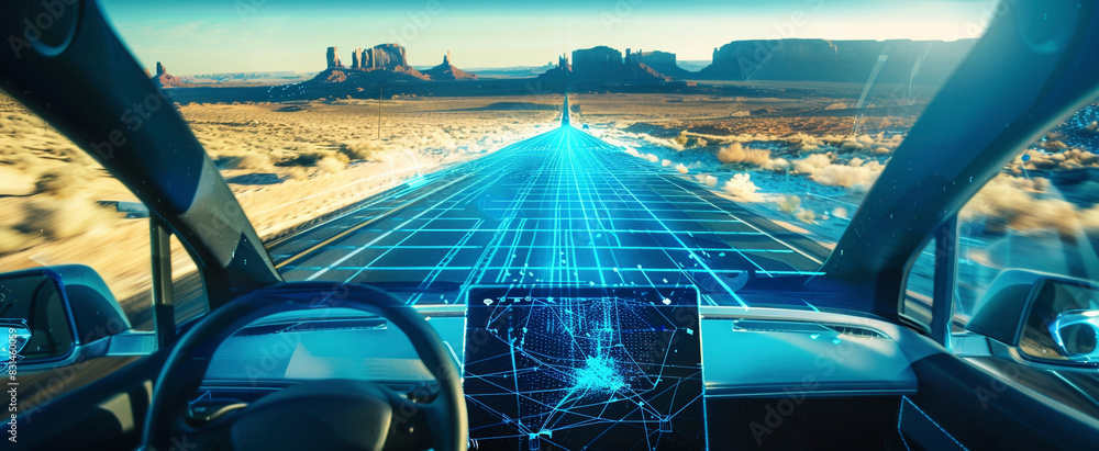 Self driving car on a highway road with signals around helping with ...