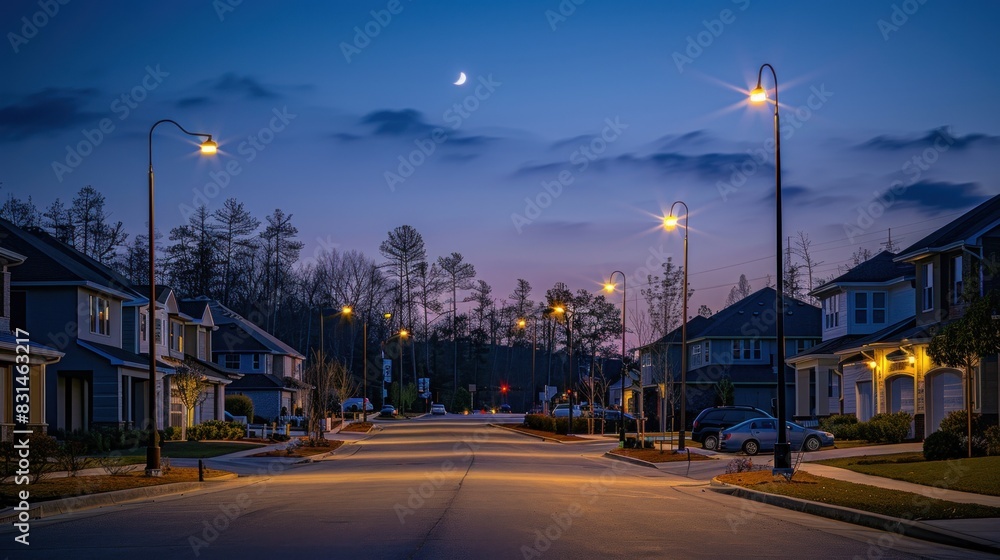 The soft glow of streetlights powered by renewable energy, casting long ...