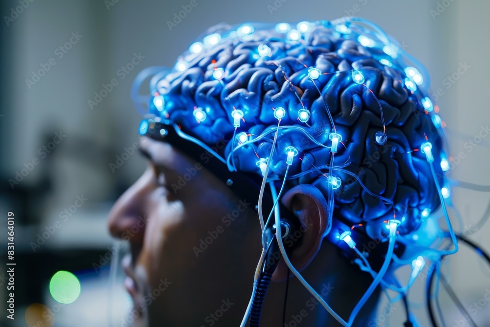 Person undergoing an eeg with illuminated brain model showing neural ...