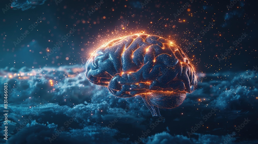 3D brain model above a sea of clouds, featuring a futuristic aesthetic ...