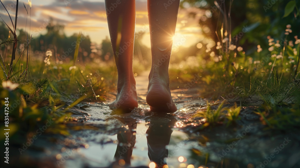 Bare feet of woman standing barefoot outdoors in nature, grounding ...