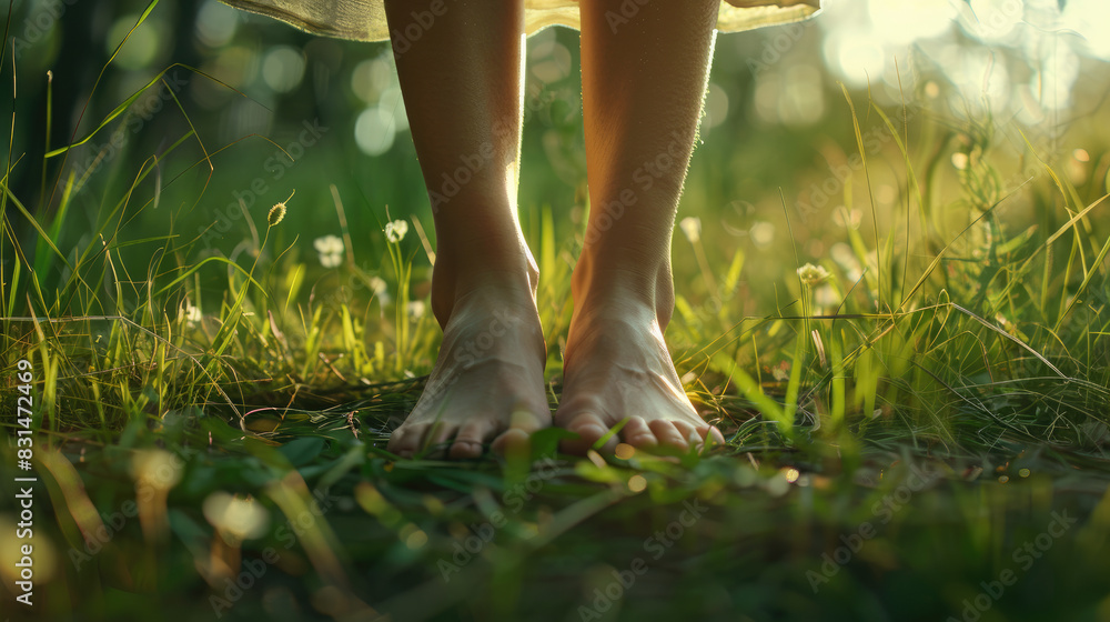 Bare feet of woman standing barefoot outdoors in nature, grounding ...