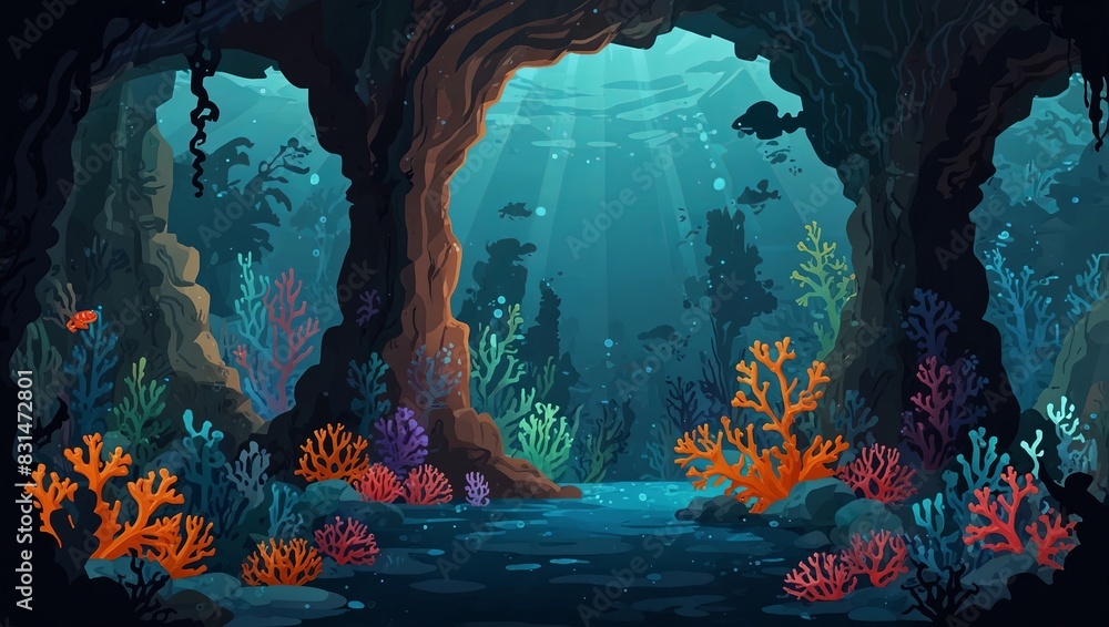 Abstract 2D underwater cave background for adventure or puzzle game ...