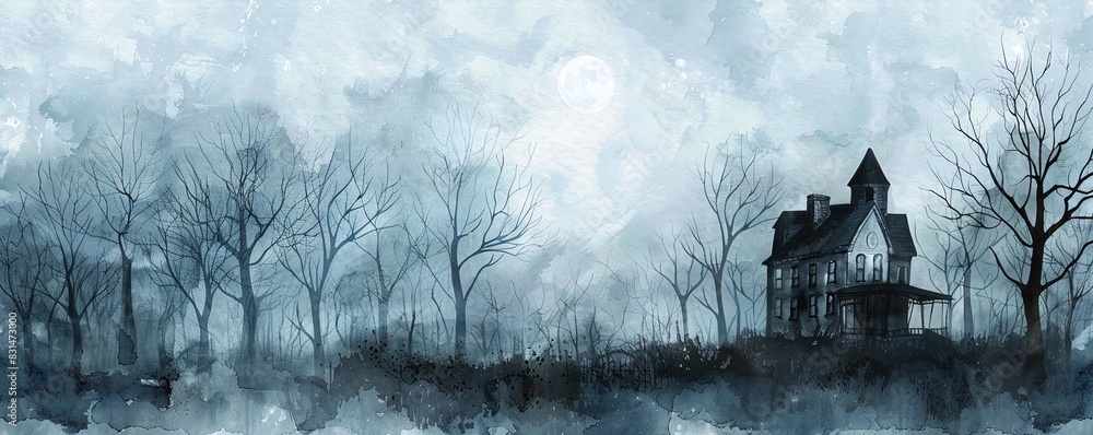 Illustrate a birds-eye view of a haunted house surrounded by bare trees ...