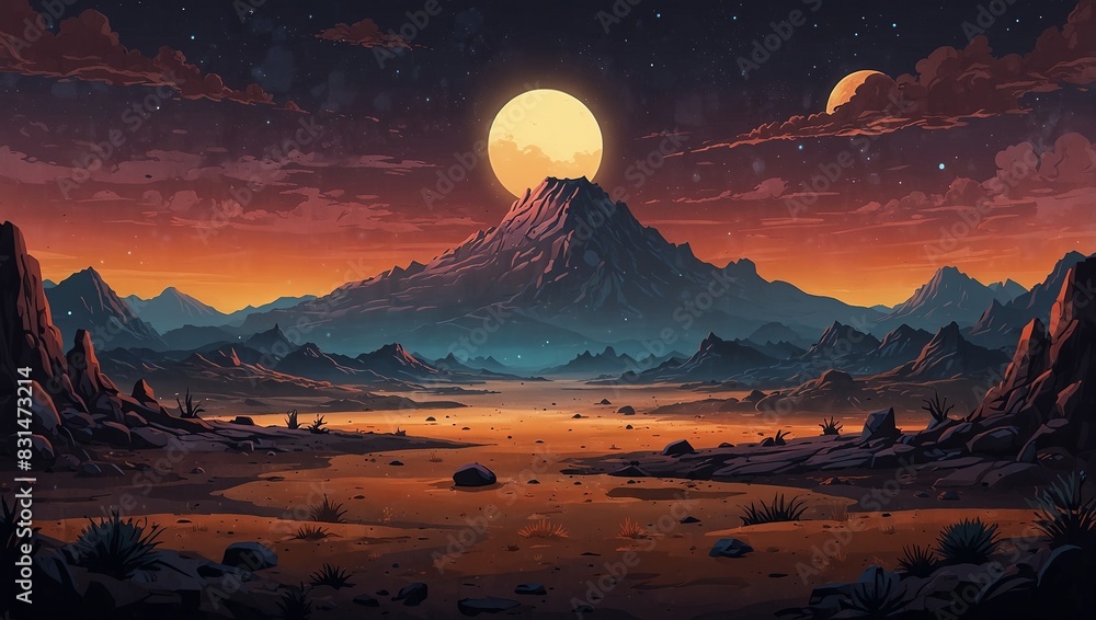 Alien mountain landscape with craters and glowing sky for adventure ...