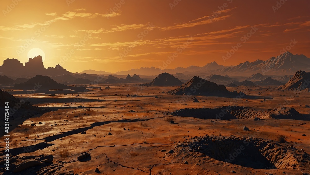 Alien wasteland with cracked ground and craters under an orange sky for ...