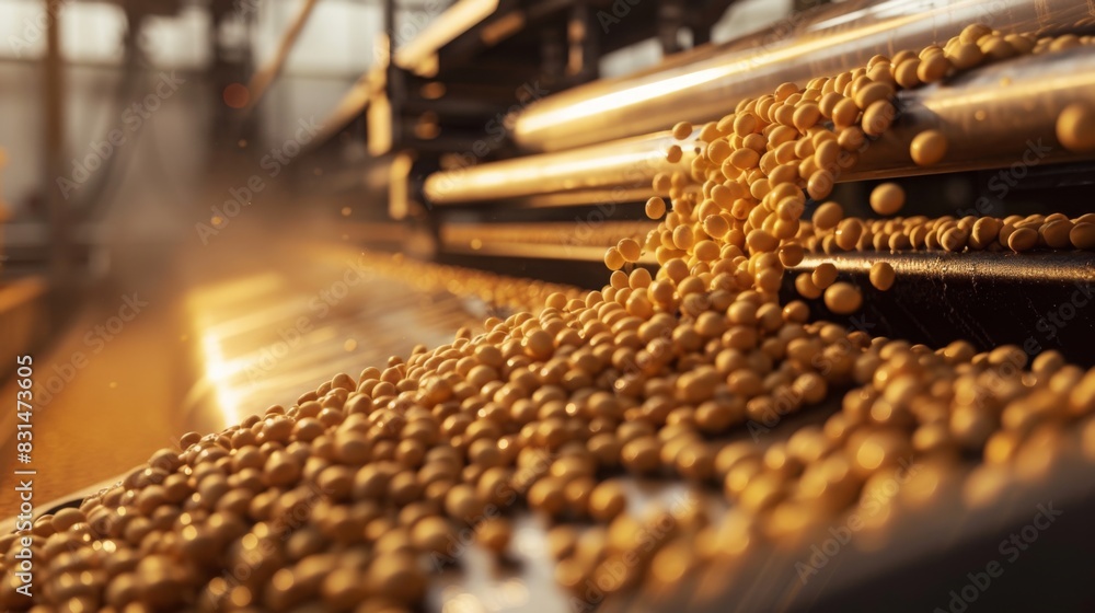 Soybeans move along a conveyor belt in a factory as they are processed ...