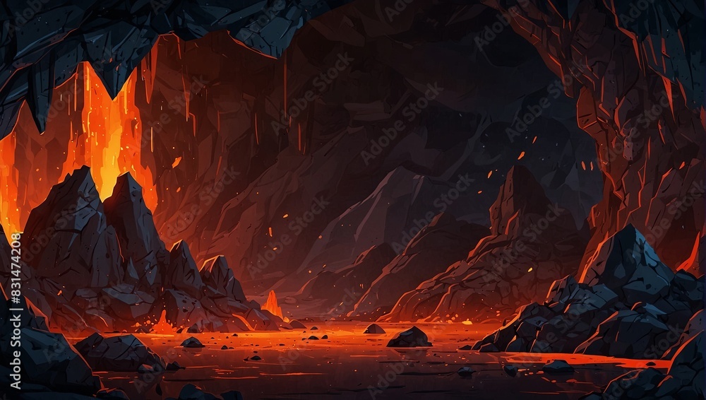 Background environment of 2D abstract lava caves for adventure or ...