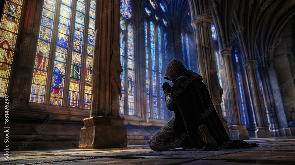 Foto de medieval knight kneeling in prayer inside a Gothic cathedral ...