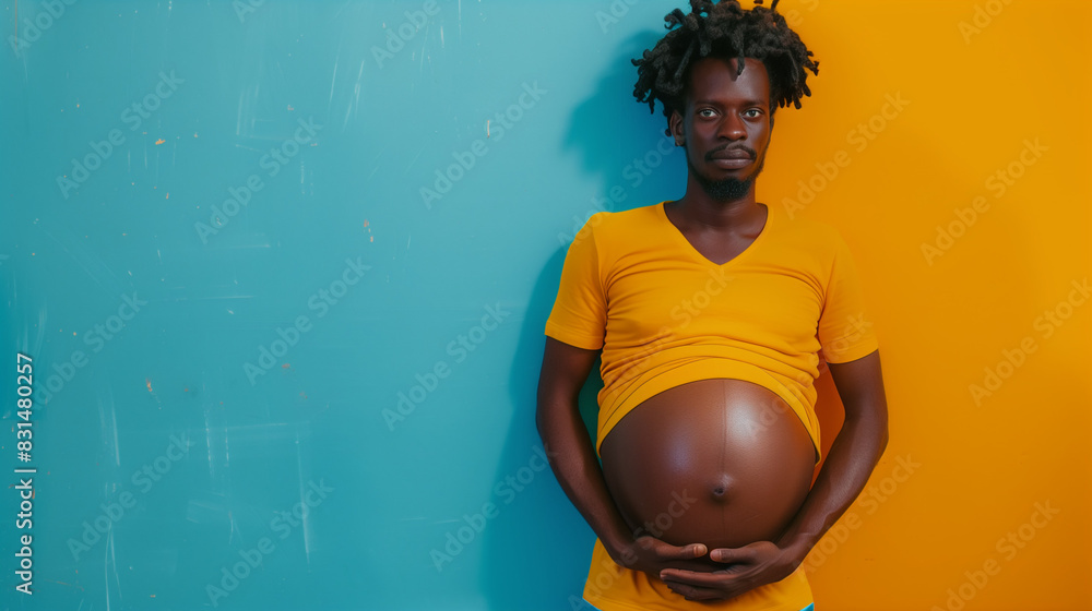 Pregnant transgender african american black man. Yellow and blue colour ...