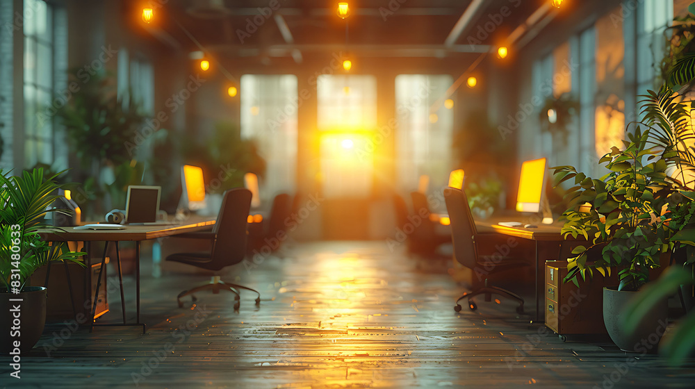 office environment with a soft focus showing desks chairs and monitors ...