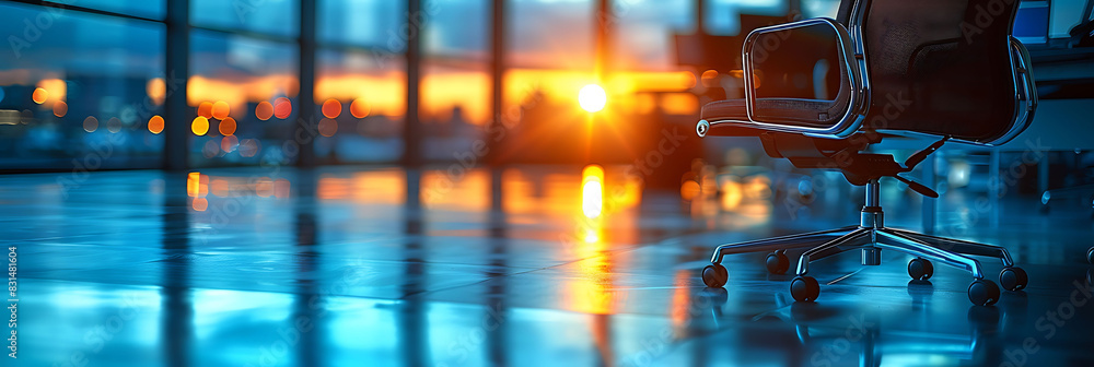 office environment with a soft blurry effect showing desks chairs and ...