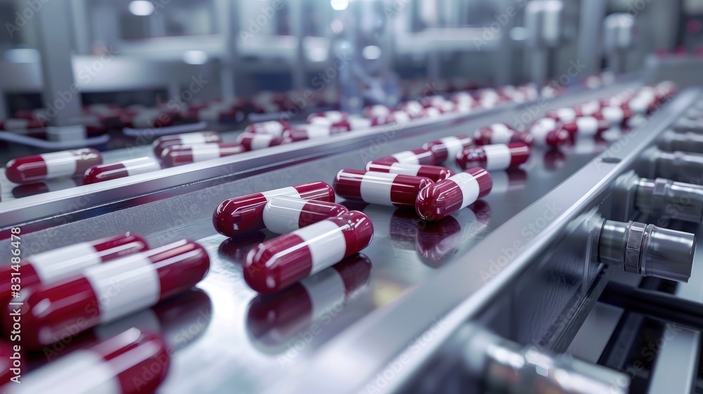 Production line of medication capsules being packaged for distribution ...