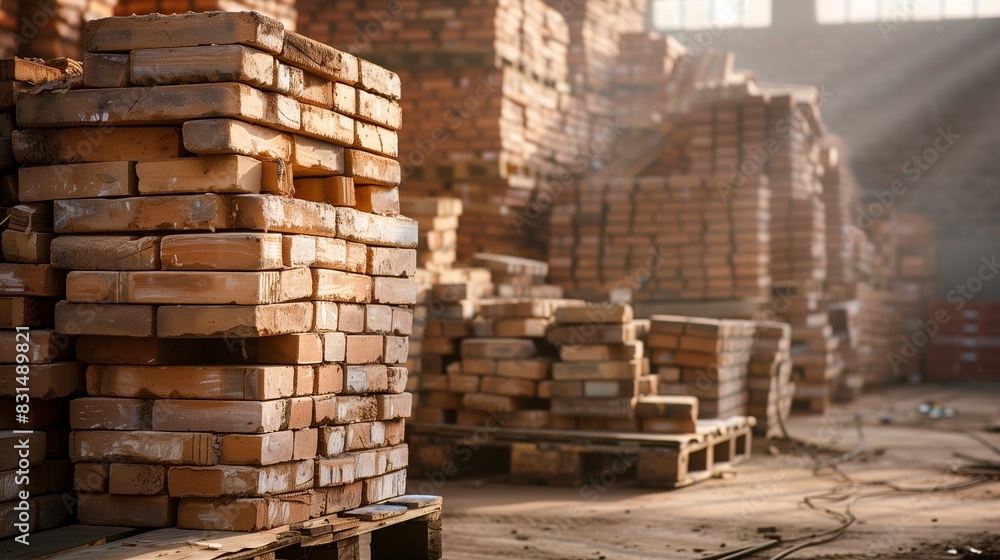Photograph of bricks, stacked in an industrial environment. Pallets of ...