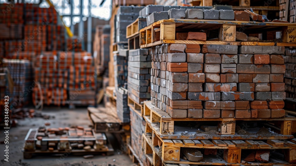 Photograph of bricks, stacked in an industrial environment. Pallets of ...