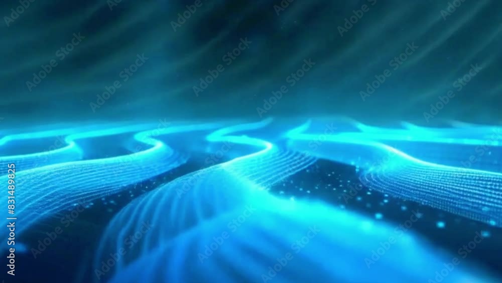 Animated trails of blue light moving in wave patterns across the screen ...