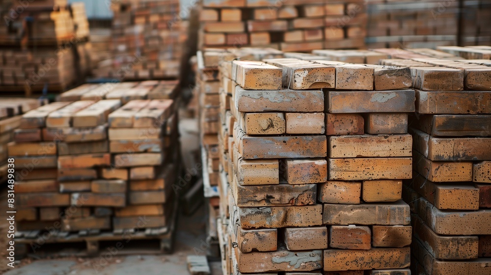Photograph of bricks, stacked in an industrial environment. Pallets of ...