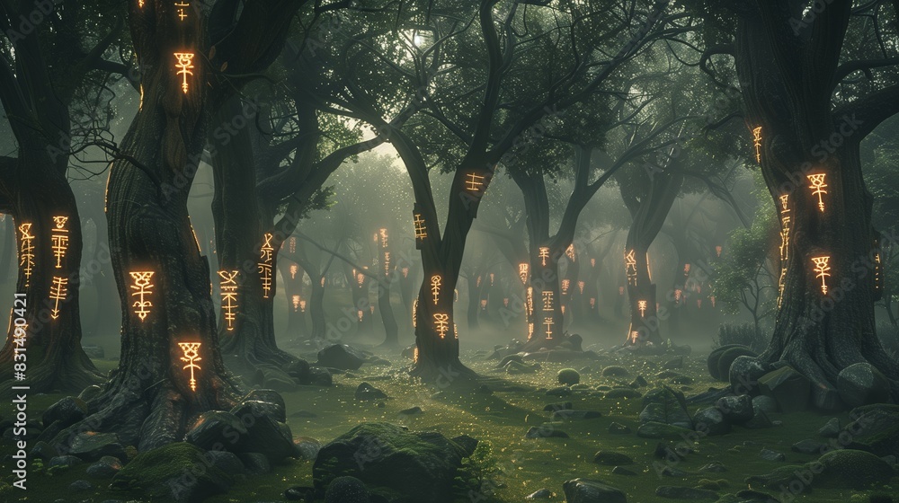 A mystical forest with ancient runes etched into trees, creating a ...