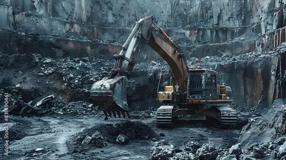 Excavator at Open-Pit Mine : A large excavator with a massive bucket is ...