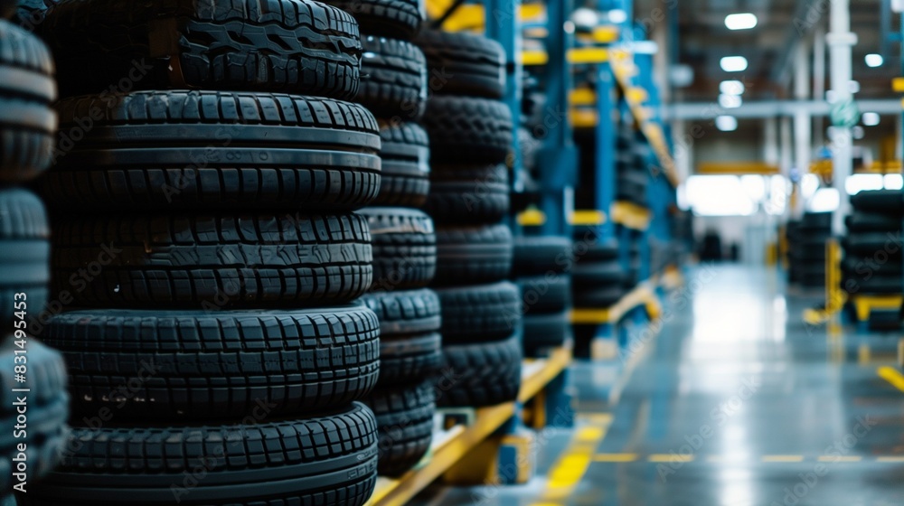 Photograph of rubber tires, stacked in an industrial environment ...