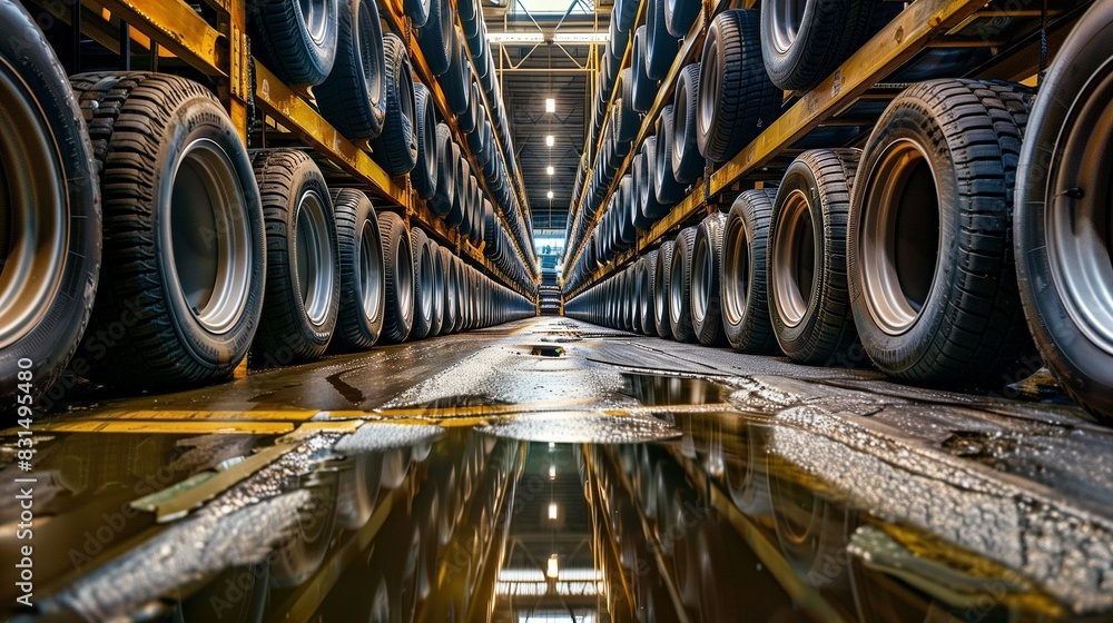 Photograph of rubber tires, stacked in an industrial environment ...