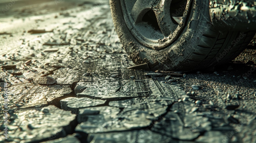Car wheel on the ground, surrounded by broken concrete. The tire is ...