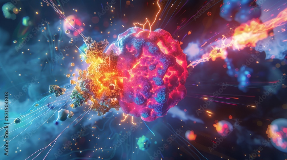 3D scientific illustration of uranium decay, focusing on the emission ...