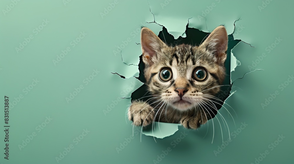 t-shirt design, green background with cat coming out of paper hole in ...