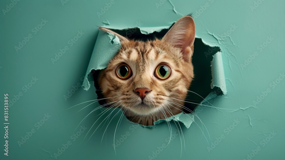 t-shirt design, green background with cat coming out of paper hole in ...