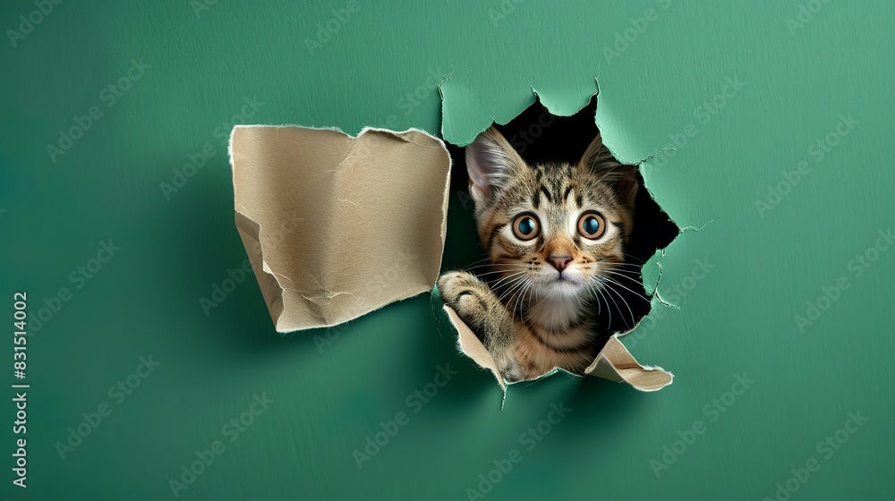 t-shirt design, green background with cat coming out of paper hole in ...
