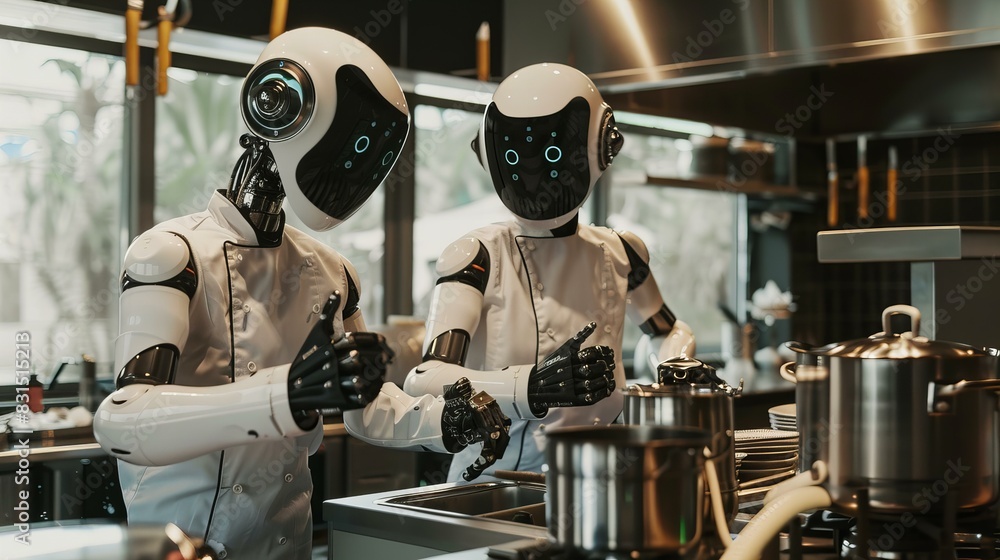 humanoid robots cooking in the restaurant kitchen, futuristic AI ...