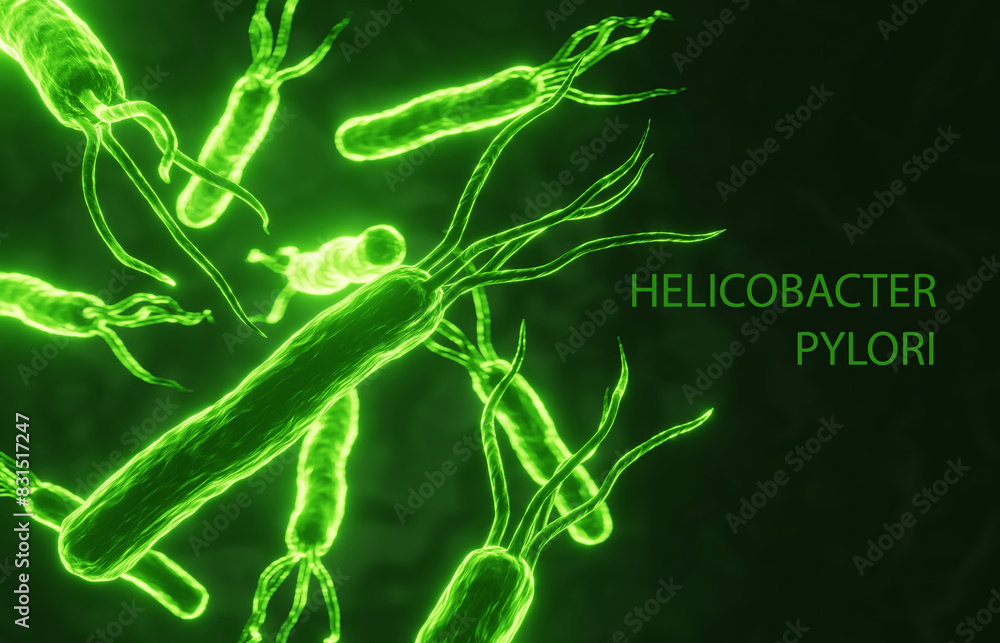 Helicobacter pylori bacteria cells on green background. Gastritis ...