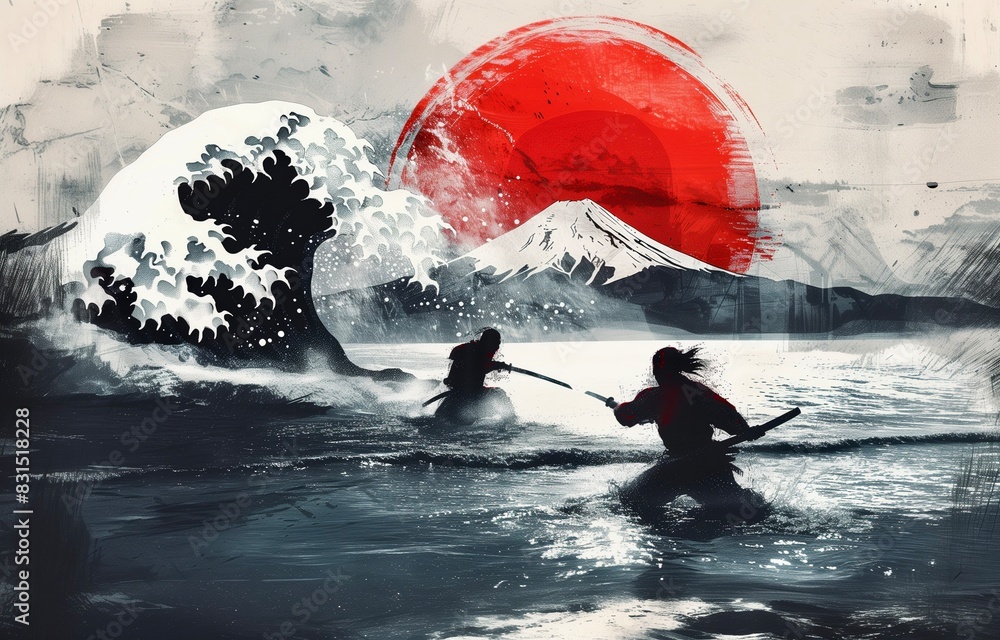 Two samurai clash in shallow water beneath Mount Fuji, with the ...
